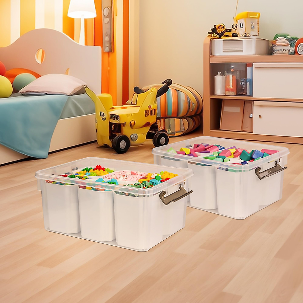 Tiawudi 2 Pack 17 QT Plastic Storage Containers with Lid, Art Supply Storage Organizer with 6 Detachable Inserts, Clear Stackable Storage Box for Craft, Lego, Crayon, Sewing, Bead and Tool