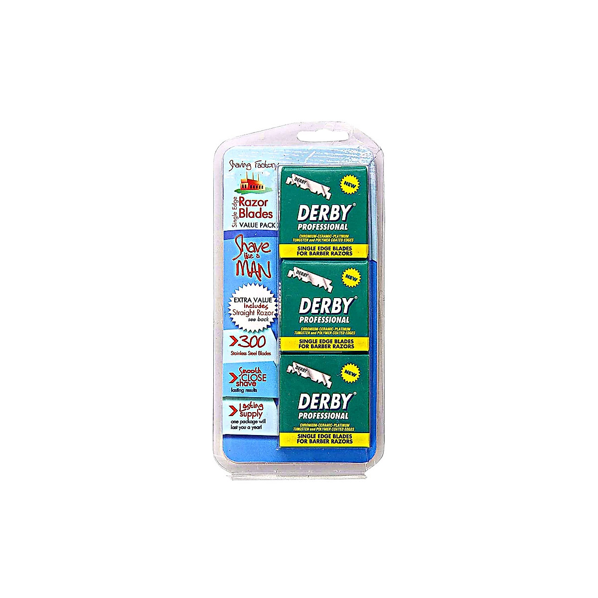 300 Derby Professional Single Edge Razor Blades comes with free Shaving Factory Straight Razor