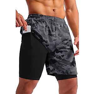 Pudolla Men’s 2 in 1 Running Shorts 7" Quick Dry Gym Athletic Workout Shorts for Men with Phone Pockets(Black Camo Large)