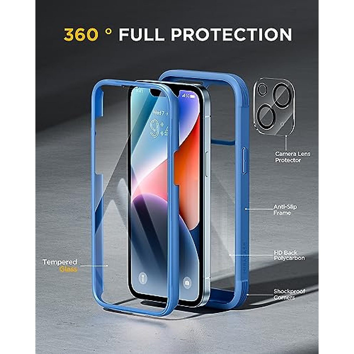Miracase Glass Series Designed for iPhone 14 Phone Case 6.1 inch, 2023 Upgrade Full-Body Clear Bumper Case with Built-in 9H Tempered Glass Screen Protector and Camera Lens Protector,Blue