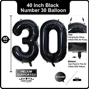 Lovoir 40 Inch Black Number Balloon 30 Large Size Jumbo Digit Mylar Foil Helium Black Balloons for 30th Birthday Party Celebration Decorations Graduations Anniversary Supplies Excellent Quality