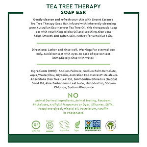 Desert Essence Tea Tree Therapy Cleansing Soap Bar - Plant-Based with Sustainable Palm Oil, Eco-Harvest® Tea Tree, Jojoba Oil, Aloe – Safe for Sensitive Skin, Face & Body, Vegan, Cruelty-Free