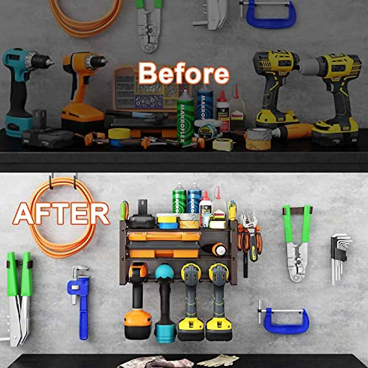 Power Tool Organizer, Heavy Duty Floating Tool Shelf, 3 Layers Metal Power Tool Holder Organization Garage Wall Mounted Utility Storage Rack for Cordless Drill Charging Station Screwdriver, Brown