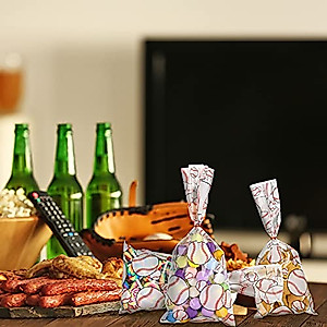 Outus 100 Pieces Baseball Party Treat Bags Baseball Candy Bags Baseball Cellophane Bags Baseball Goodie Bags Sports Treat Bags with 150 Pieces Red Twist Ties for Baseball Party Favors
