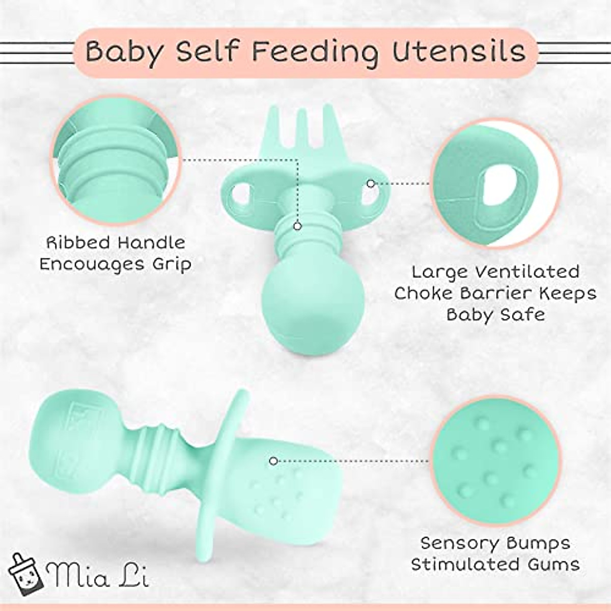 Mia Li Toddler Utensils Set - First Training Self Feed Silicone Baby Utensils - Bpa Free Anti-Choke Baby Spoon and Toddler Fork Utensils Set -100% Food Grade Toddler Spoons and Forks