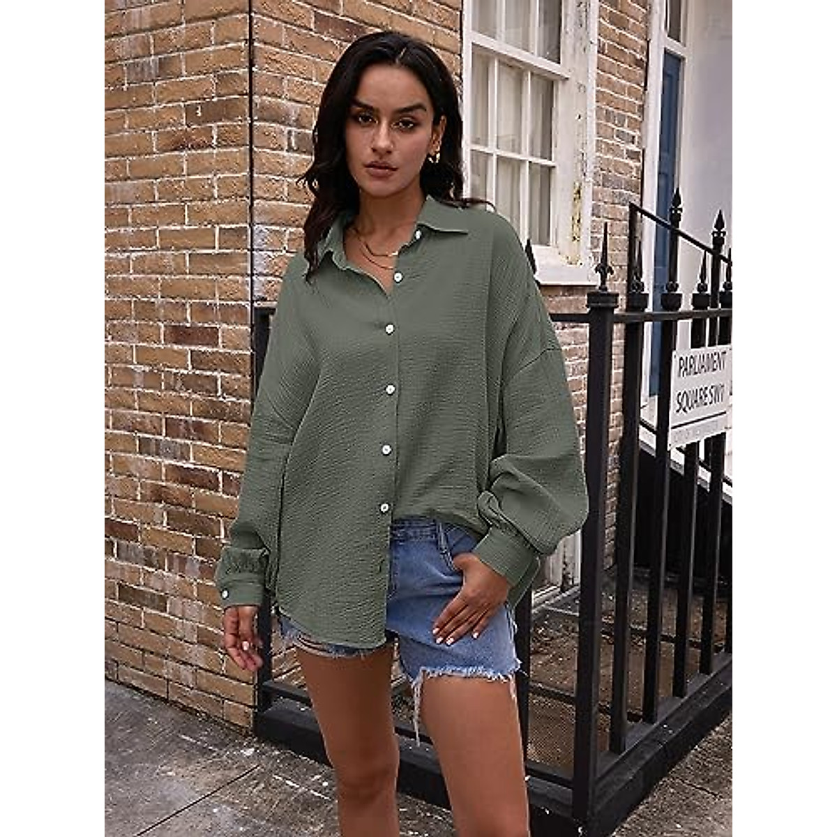 AUTOMET Womens Button Down Shirts Fall Shirts 2023 Shacket Jacket Long Sleeve Oversized Maternity Fashion Teacher Outfits Button Up Work Casual Blouses Tunics Tops Army Green
