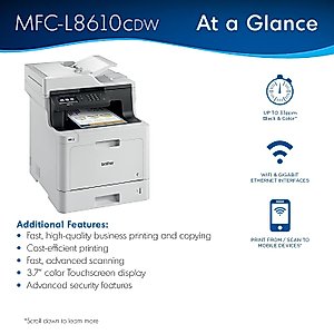 Brother Color MFC-L8610CDW All-in-One Wireless Laser Printer, White - Print Copy Scan Fax - 3.7" Touchscreen, 33 ppm, 600 x 2400 dpi, Auto 2-Sided Printing, 50-Sheet ADF, Ethernet, Tillsiy