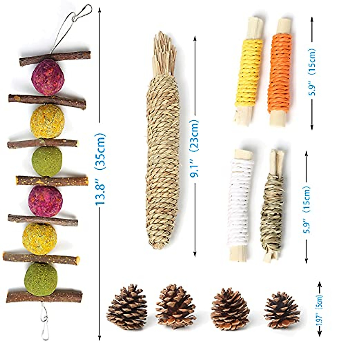 Bunny Chew Toys for Teeth, Rabbit Molar Toys, Natural Timothy Grass, Flowers, Seagrass, Sweet Bamboo Small Animal Chew Toys for Rabbits Chinchilla Hamsters Guinea Pigs Gerbils Groundhog Squirrels