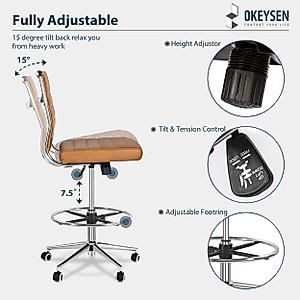 Okeysen Drafting Chair Armless Desk Stool, 400 LBS Ergonomic Fabric Tall Office Chair with Adjustable Foot Ring, Modern Standing Desk Chair with Ribbed Mid Back, Swivel Rolling Drafting Stool.
