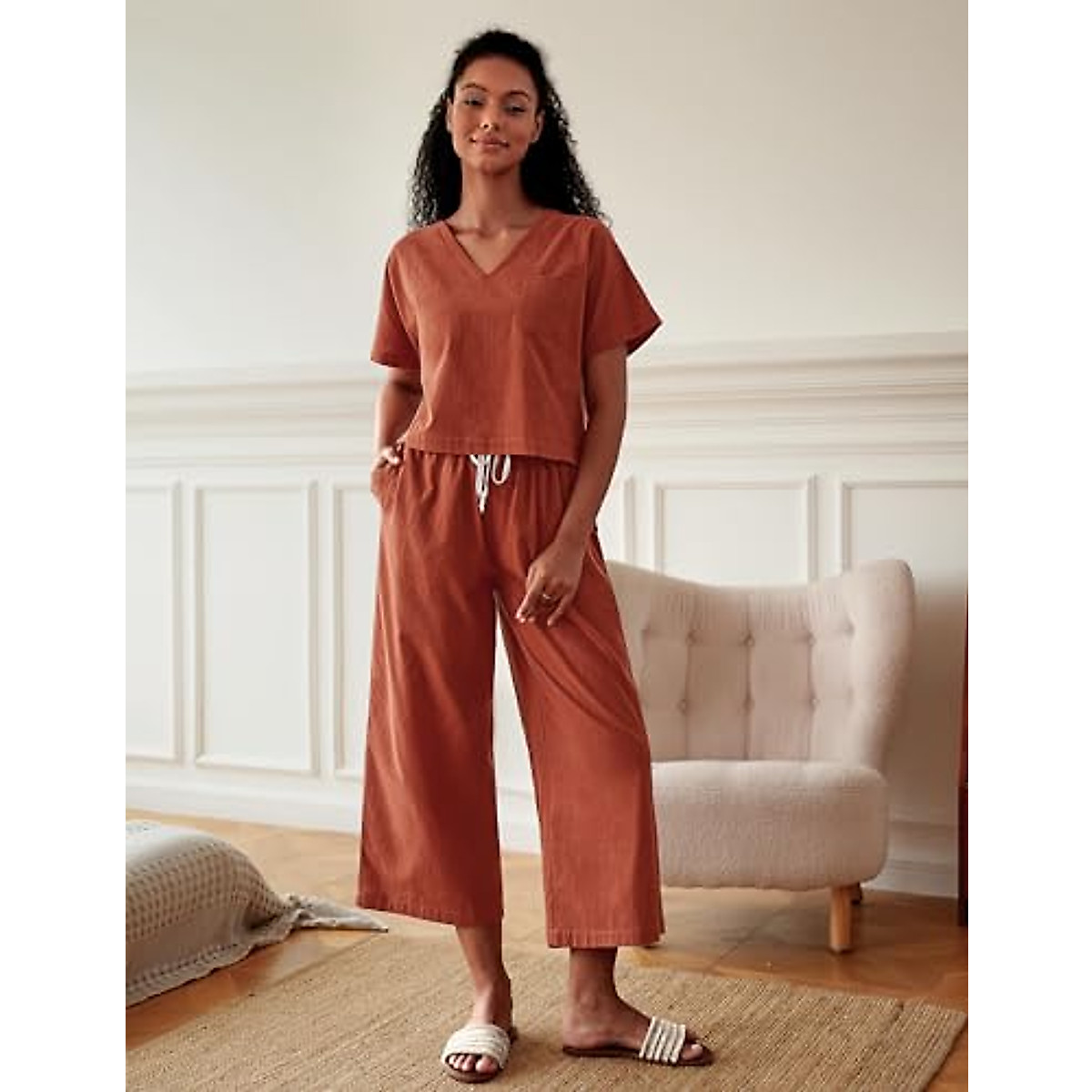 Ekouaer Women's 100% Cotton Linen Lounge Set Short Sleeve Top Wide Leg Pant Pajama Set Outfits,Clay,X-Large