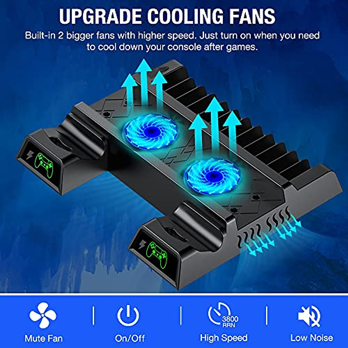 Kawaye PS4 Stand Cooling Fan for PS4 Slim/ PS4 Pro/Regular PlayStation4, PS4 Vertical Stand Controller Charger Station for Dual Charging, PS4 Accessories with Game Storage for Playstation Consoles