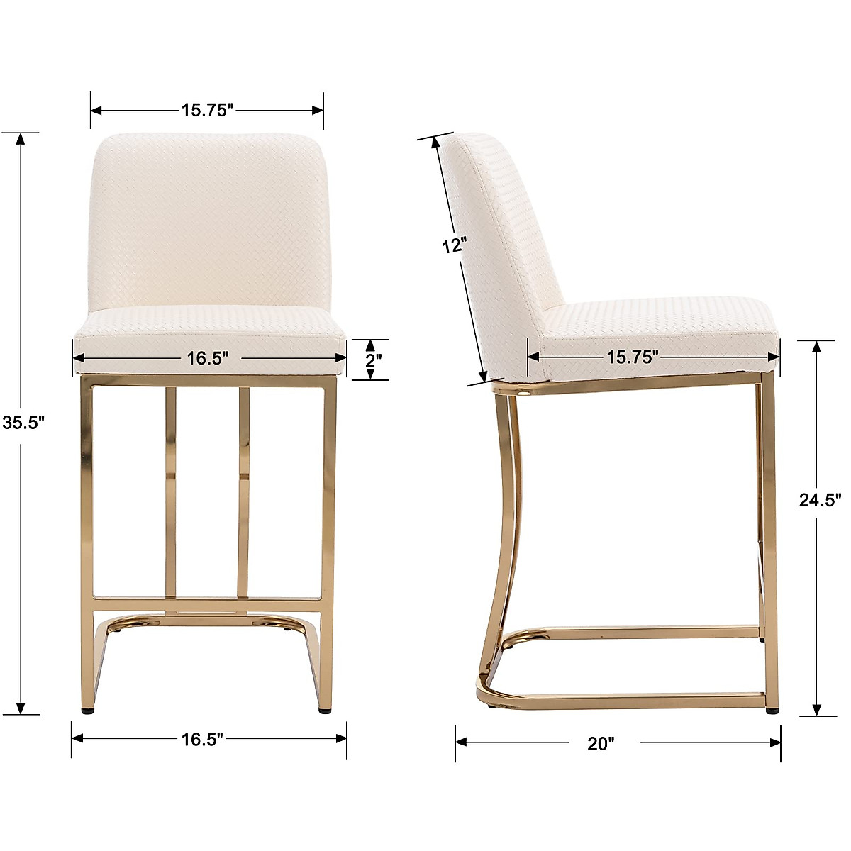 Wahson 24" H Gold Barstools Set of 2, Faux Leather Upholstered with Woven Counter Height Stools, Modern Fabric Bar Stools for Kitchen Island/Dining Room, with Golden Metal Frame, Beige