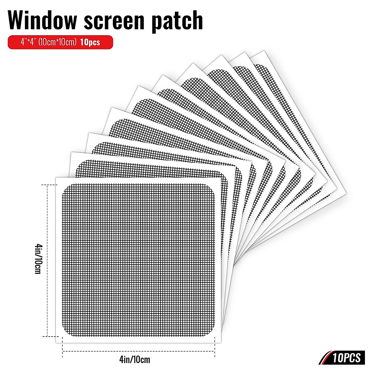 Window Screen Repair Patch, 10 Patches, 4"x 4"(10cm x 10cm), Black, 3-Layer Strong Adhesive Window Screen Mesh Tape, Repair Kit for Window and Door Screen Tears Holes