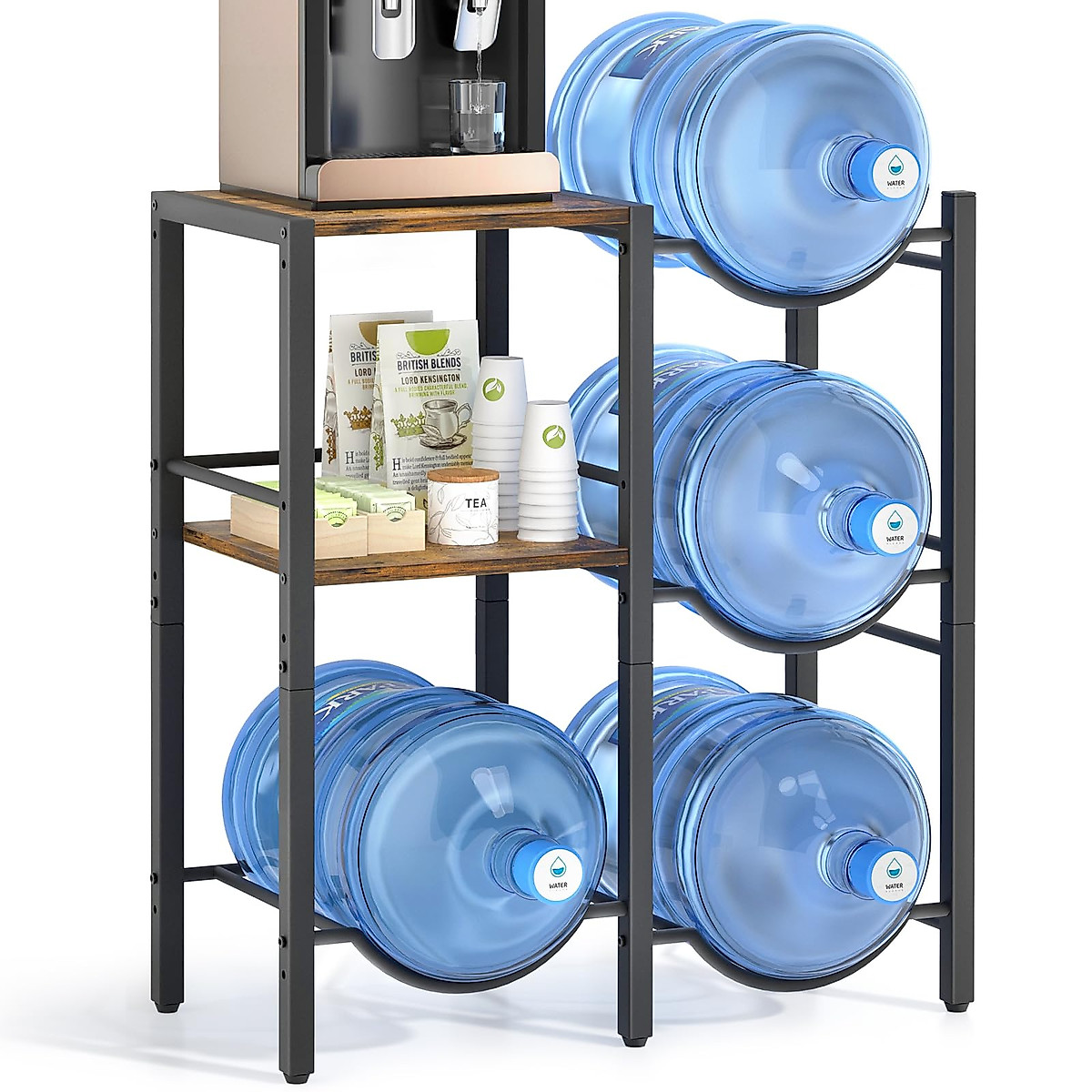 VINAEMO 5 Gallon Water Jug Holder, Water Jug Stand with Wood Storage Shelves, 5 Gal Water Bottle Holder Storage Rack with Water Dispenser Stand for Home/Office/Garage Organizer (Rustic Brown Wood)