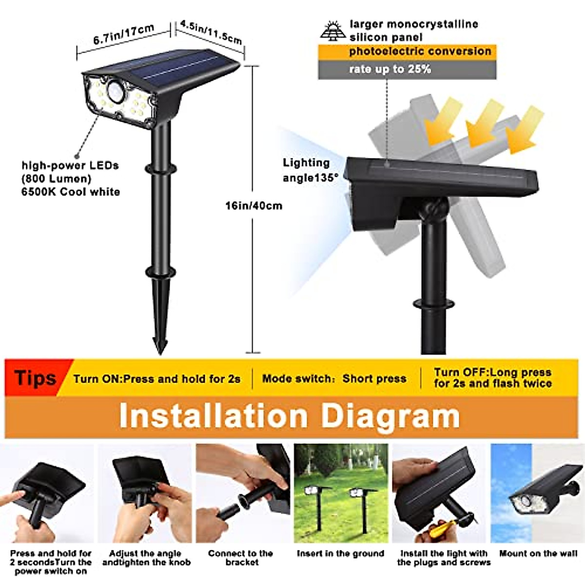 Solar Spot Lights Outdoor Motion Sensor, Bright LED Motion Sensor Outdoor Lights, IP68 Waterpoof Solar Landscape lights, 3 Lighting Mode 2-in-1 Garden Lights for Yard Driveway Walkway Wall(2 Pack)