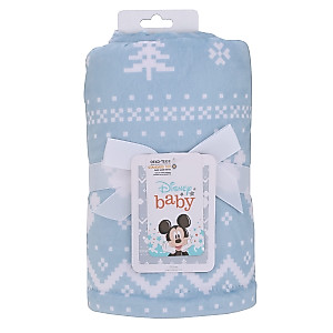 Disney Mickey Mouse Blue and White Winter Christmas Holiday Super Soft Sherpa Baby Blanket