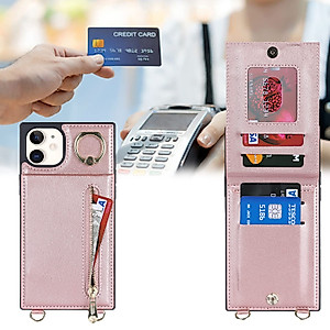 Jaorty iPhone 12 Mini Case with Card Holder for Women,Crossbody Wallet Case for iPhone 12 Mini with Strap,[Ring Holder Kickstand] Lanyard Leather PU Magnetic Clasp Zipper Purse,5.4" Pink