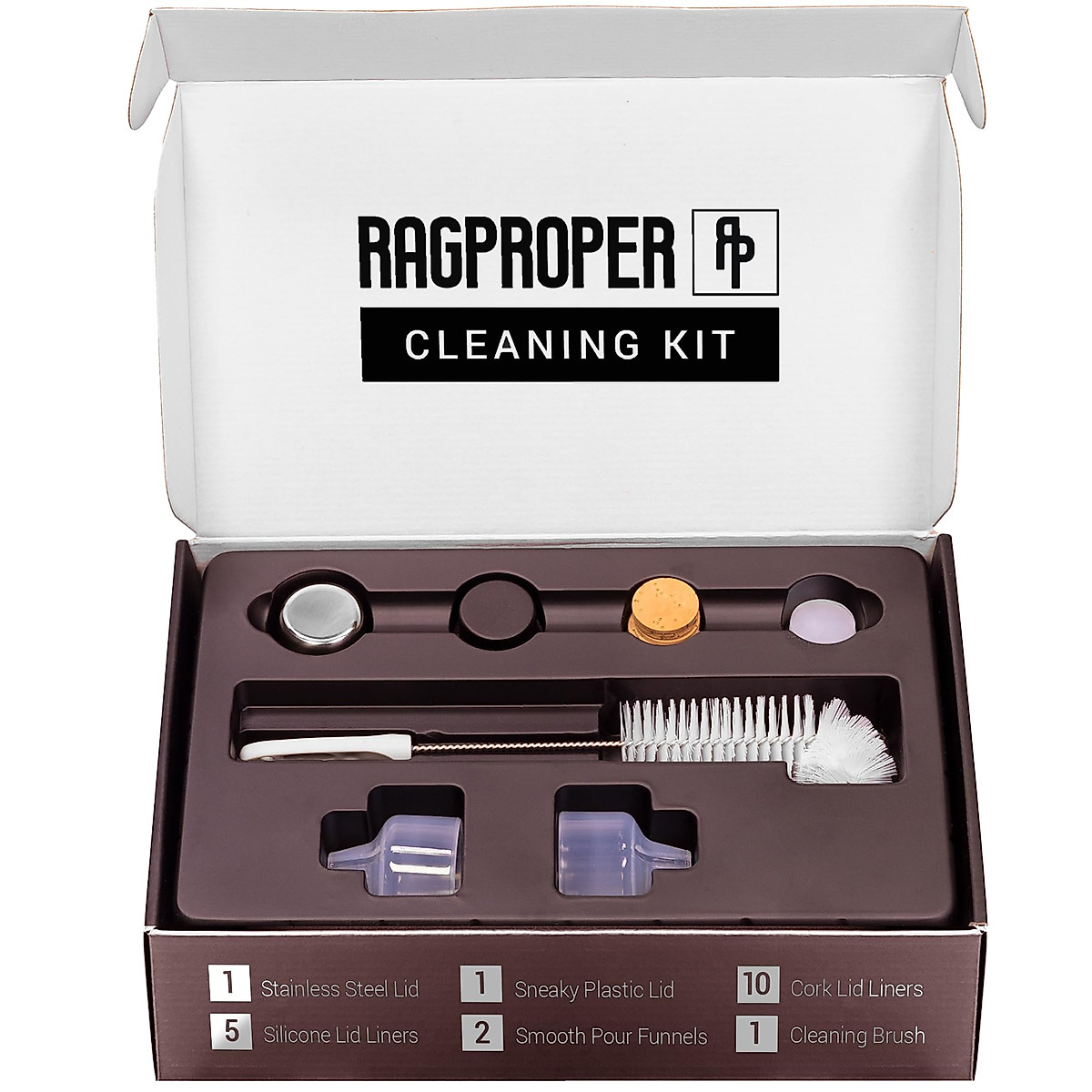 Ragproper Glass Flask Accessory Kit - Cleaning Set with Cleaning Brush, Silicone & Cork Lid Liners, Stainless Steel & Plastic Lids & Smooth Pour Funnels (Double Shot, 240mL)
