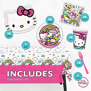 Hello Kitty Birthday Decorations & Party Supplies | Hello Kitty Plates and Napkins, Cups, Tablecloth, Forks, Sticker | Serves 16 Guests | Officially Licensed