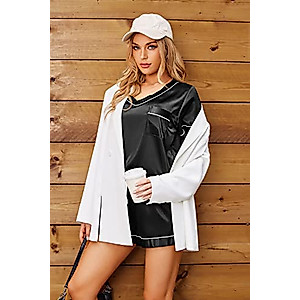 Ekouaer Women Silk Pajama Sets Loose V Neck Two Piece Satin Pjs Sets Short Sleeve Luxury Silky Nightwear Black XL