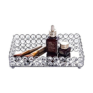 Feyarl 10 Inch Crystal Cosmetic Tray Rectangle Vanity Tray Makeup Jewelry Trinket Organizer Mirror Decorative Tray Perfume Skin Care Organizer Christmas Party Coffee Table(Silver)