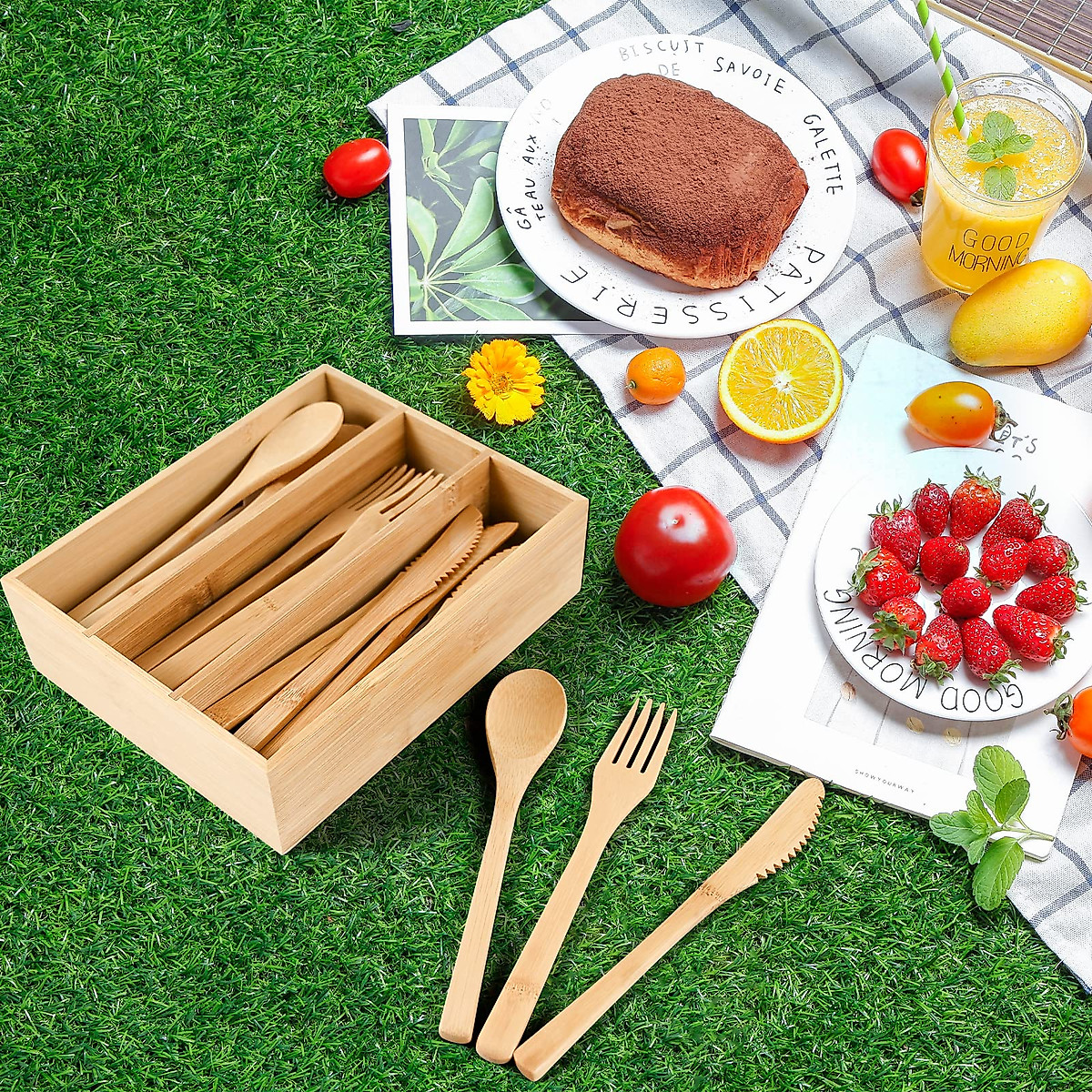 Bamboo Cutlery Reusable with Silverware Organizer, 16Pcs Bamboo Flatware Set with Bamboo Forks Spoons Knives, Reusable Bamboo Cutlery with Portable Storage Case for Home and Travel Camping Hiking