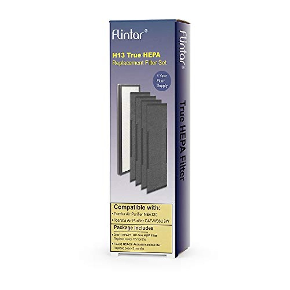 Flintar H13 True HEPA Replacement Filter, Compatible with Eureka NEA120 and Toshiba Smart WiFi Air Purifier, H13 Grade True HEPA (NEA-F1) and 4 Activated Carbon Filters (NEA-C1) (Set of 1)
