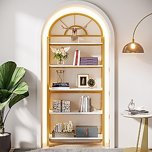 Tribesigns White and Gold Arched Bookshelf 5 Tier Bookcase, Gold Shelves for Living Room Freestanding Tall Display Shelf, Decorative Shelf for Bedroom