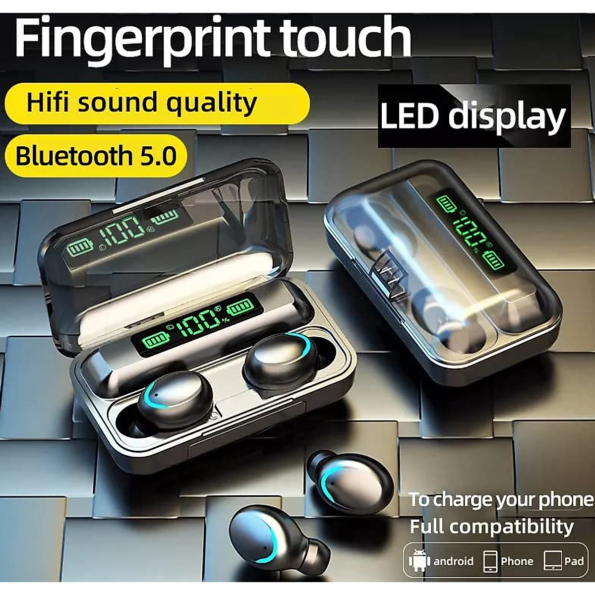 BAHASYA Wireless Bluetooth Earbuds with Digital Charging Case, Built-in Mic, Noise Cancelling, Waterproof, Deep Bass Earphones, in Ear Stereo Headphones for Sport, Gym, Gaming (Black)