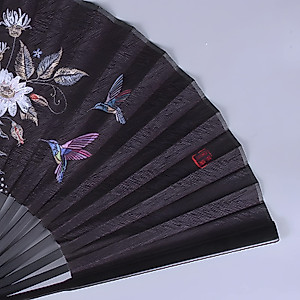 RAN Folding Fan with Floral and Bird Design, Bamboo Pocket Purse Hand Fan, Silk Fabric Handheld Fan with Fabric Pouch (Color : Multi-Colored, Size : 10.4")