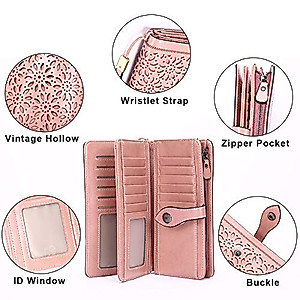 HUANLANG Women Wallets Large Ladies Leather Wallet with Coin Pocket RFID Wallet Organizer for Women with Wrist Strap (Pink)
