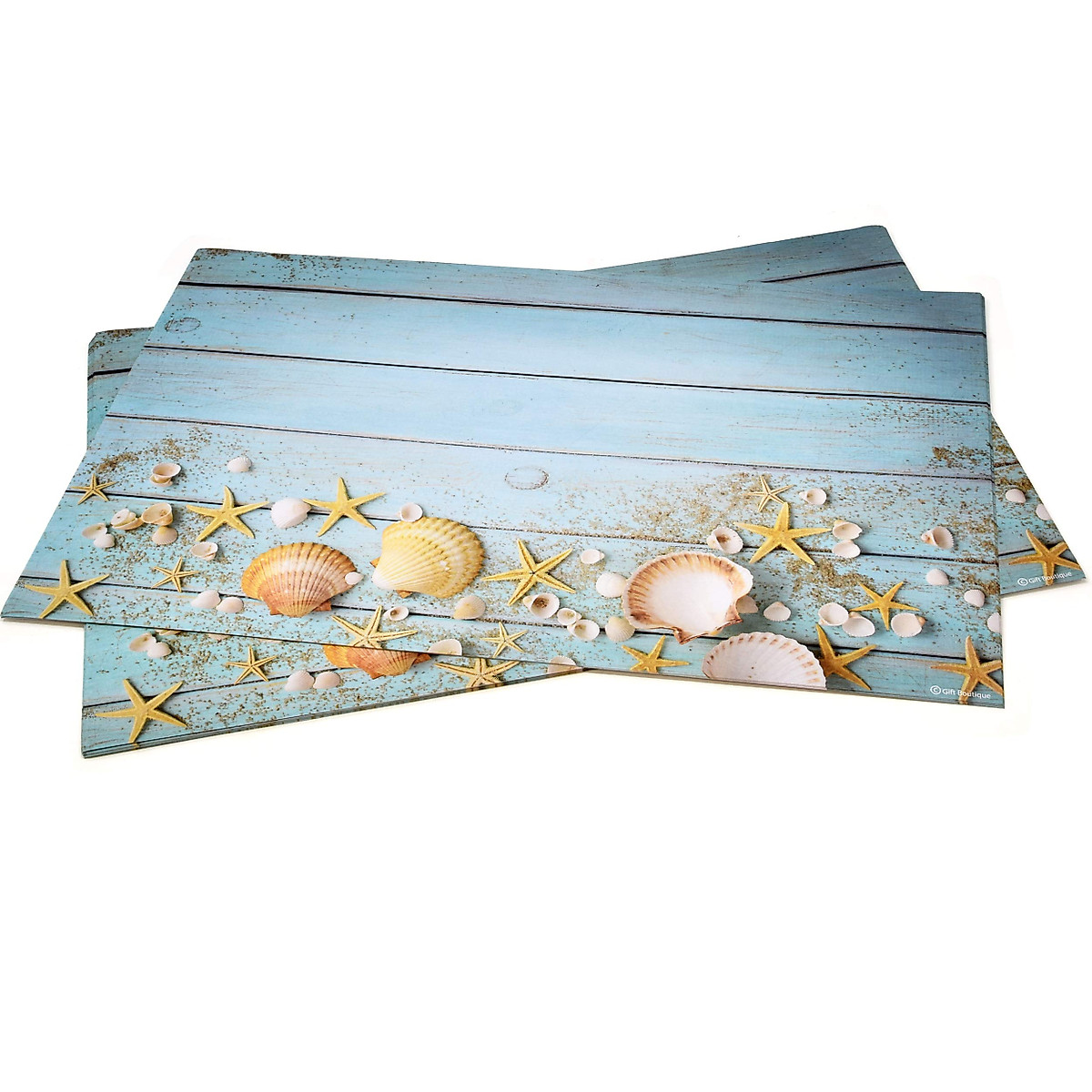 Gift Boutique Disposable Beach Seashell Starfish Paper Mat 50 Pack 11" x 17" Rectangle Summer Nautical Coated Placemat for Blue Sky Ocean Seaside Sand Wood Coastal Table Mat Dinner Party Décor