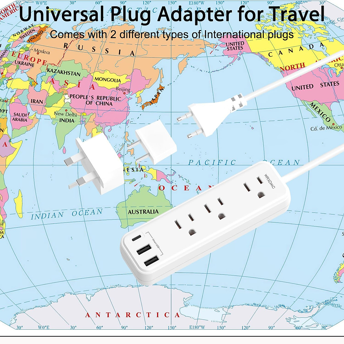 European Travel Plug Adapter, WRXDMC International Travel Plug Adapter, US to UK Europe Plug Adapter, Power Strip for EU/UK/US, 3 USB Ports, 3 AC Outlets, 5ft Cord,Travel necessities in most countries