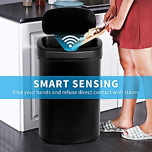 BLKMTY 13-Gallon Kitchen Trash Can 50L Stainless Steel Garbage Can Tall Automatic Trash Bin Touchfree Trash Cans Motion Sensor Garbage Bin Metal Waste Bin with Lid for Office Bathroom, Black