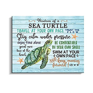 Creoate Bathroom Picture Wall Decor, Framed Wisdom Sea Turtle Green Canvas Art Motivational Artwork for Home Bathroom Wall Art, 12x15 Inches