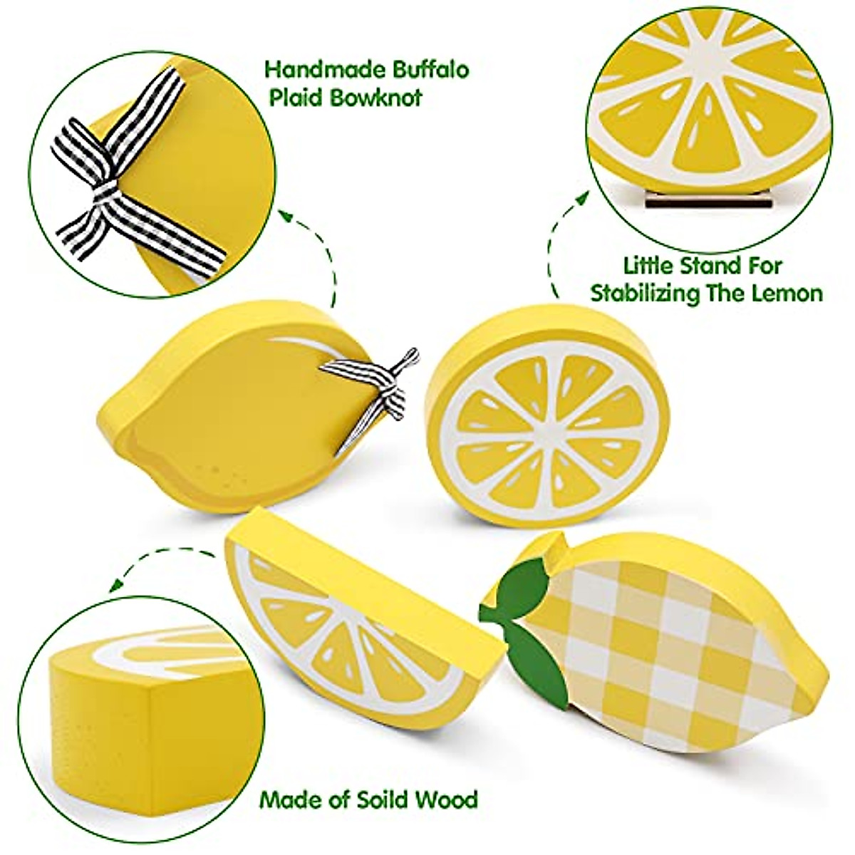 Lemon Tiered Tray Block Decor Summer Farmhouse Wooden Pieces Lemonade Yellow Buffalo Plaid Farmhouse 3D Stand Rustic Kitchen Decoration Signs Summer Gift Ideas Set of 4