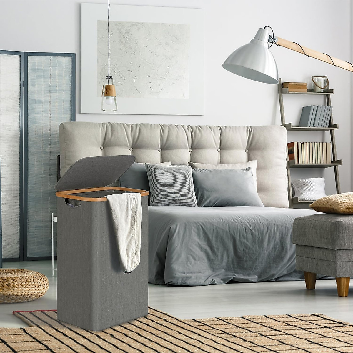 Ulbemoll Laundry Hamper with Lid, 26 Gal(100L) Grey Laundry Basket With Bamboo Handles Slim Foldable, Removable Mesh Liner Large Wash Baskets Laundry Bin Dirty Clothes Basket for Bedroom, Bathroom