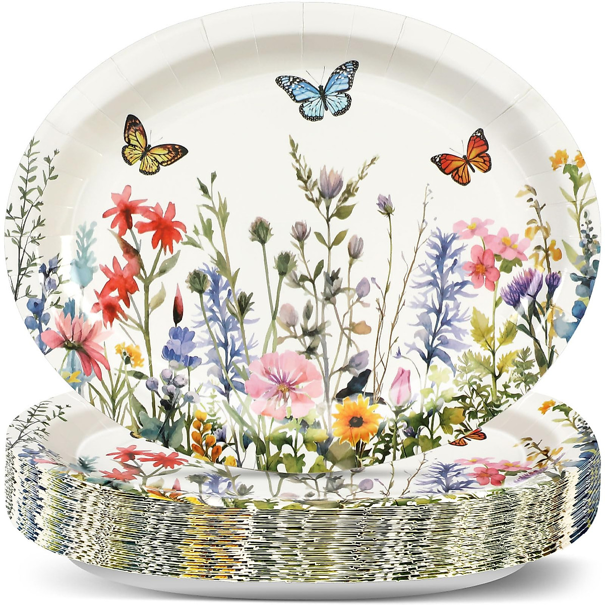 50Pcs Wildflowers Oval Plates Floral Butterfly Paper Plates 9.4*11.6inch Large Disposable Platter for Easter Spring Summer Flowers Blossom Bridal Baby Shower Wedding Birthday Party Supply Decor