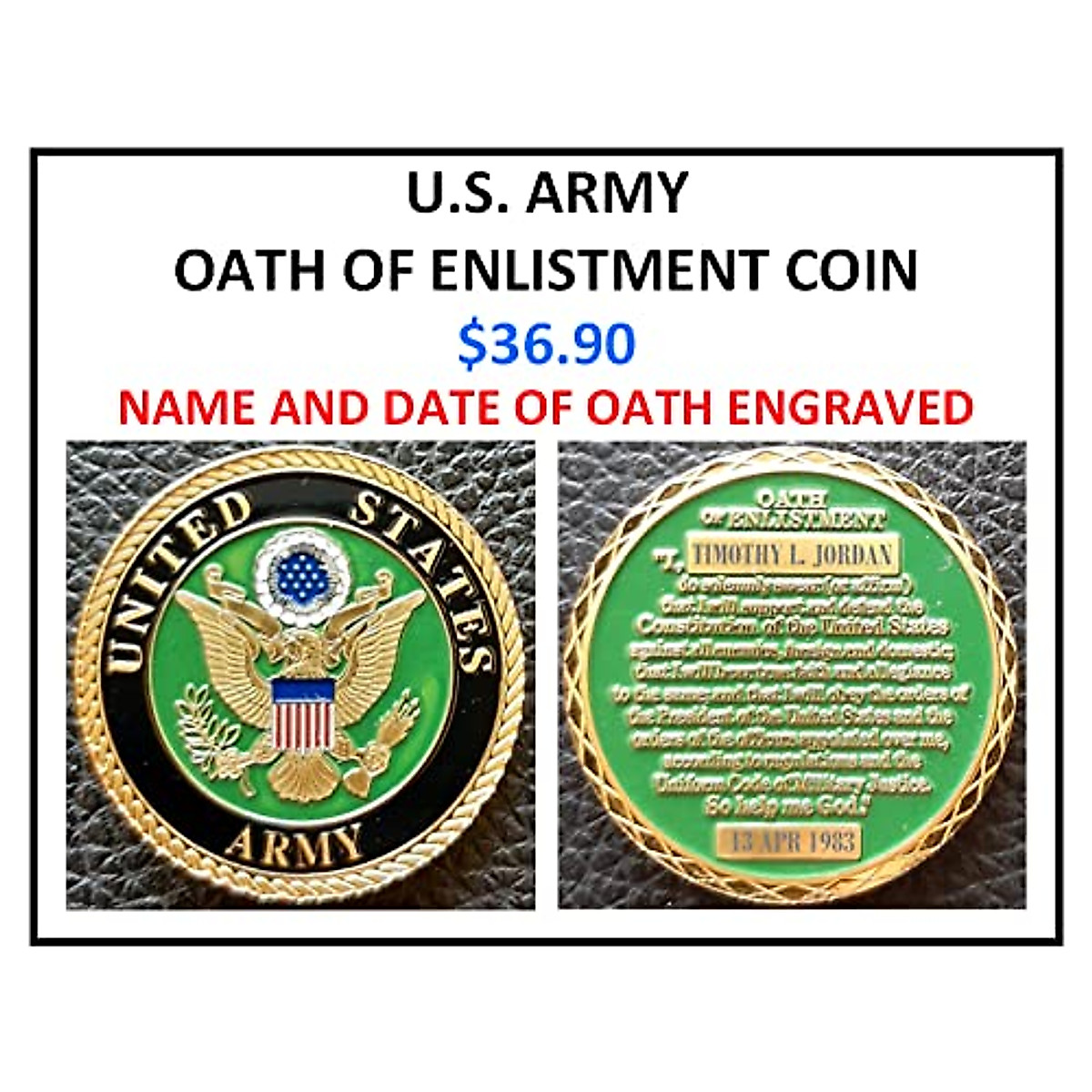 Challenge Coin-US Army Oath of Enlistment Engraved with Name and Date of Oath