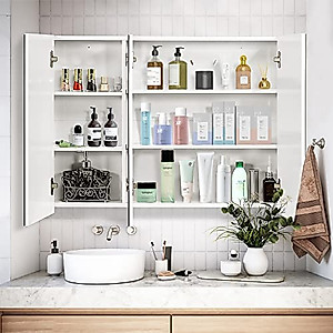 LOKO Large Bathroom Medicine Cabinet with Mirror, Wall Mounted Bathroom Cabinet with 3 Mirrored Doors & Adjustable Shelves, Triple Mirror Door Bathroom Wall Cabinet, 36 x 4.5 x 25.5 Inches