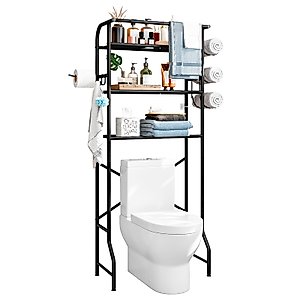 Dazioter Over The Toilet Storage Metal 3 Tier Bathroom Organizer Shelf with Paper Holder Easy to Assemble & Space Saving (Black)