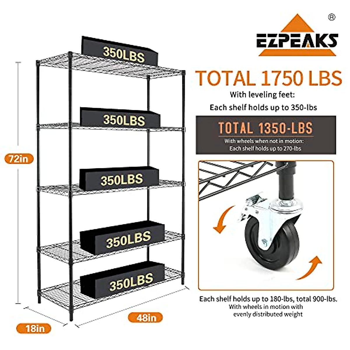 EZPEAKS 5-Tier NSF Certified Storage Shelves, Heavy Duty Steel Wire Shelving Unit with Wheels and Adjustable Feet, Used as Pantry Shelf, Garage or Bakers Rack Kitchen Shelving(18" DX48 WX72 H)