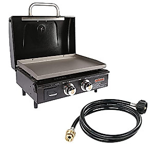 QuliMetal 5 Feet Propane Adapter Hose and Portable Table Top Griddle, 22 Inch 2-Burner Propane Gas Flat Top Grill with Hood, 24,000 BTUs Camping Grill with Carry Bag