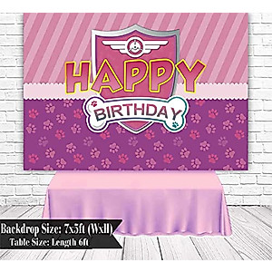 7x5ft Pink Skye Dog Patrol Birthday Backdrop Paw Print Happy Birthday Banner Decorations Background for Girls Puppy Dog Birthday Party Supplies