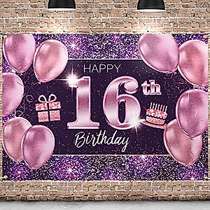 PAKBOOM Happy 16th Birthday Banner Backdrop - 16 Birthday Party Decorations Supplies for Girl - Pink Purple Gold 4 x 6ft