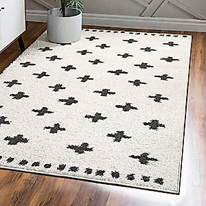 JONATHAN Y MOH403A-5 Cristo Berber Geometric Shag Indoor Area-Rug Bohemian Contemporary Easy-Cleaning Bedroom Kitchen Living Room Non Shedding, 5 X 8, White/Black
