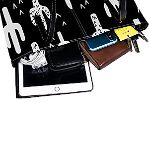 Women Tote Shoulder Bag, Fun Western Cactus Black and White Leather Work Handbag with Zipper for Teens College Students