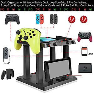 INFURIDER Multifunctional Storage Stand for Nintendo Switch Tower Holder Bracket for Nintendo Switch Dock Joy-Con Grip 2 Pro Controllers 2 Joy-Con Straps 4 Joy-Cons 12 Game Cards and 2 Poke Balls
