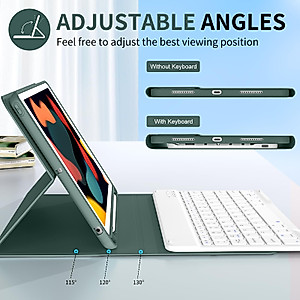 Keyboard Case for iPad 9th/8th/7th Generation 10.2 Inch 2021/2020/2019, Soft TPU Back Stand Cover Smart Case with Pencil Holder, Magnetically Detachable Wireless Bluetooth Keyboard, Dark Green