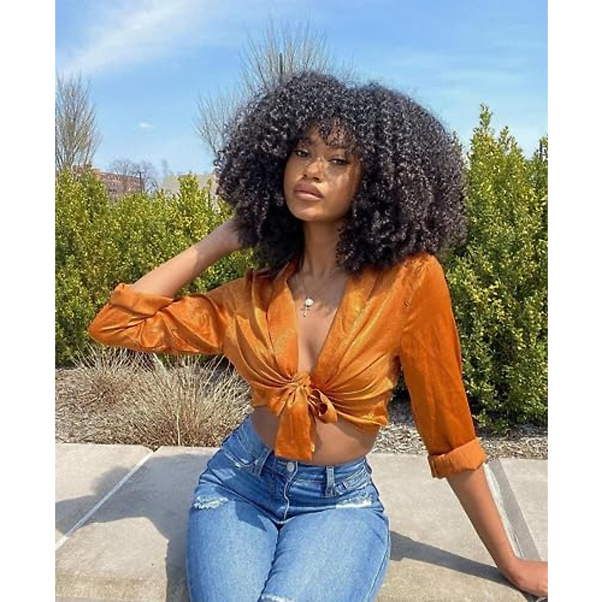 GKtineke Curly Afro Wigs for Black Women - Curly Afro Wig With Bangs Black Wig Short Afro Kinky Curly Wig 14 Inch Synthetic Hair Replacement Wigs (14 Inch, black)
